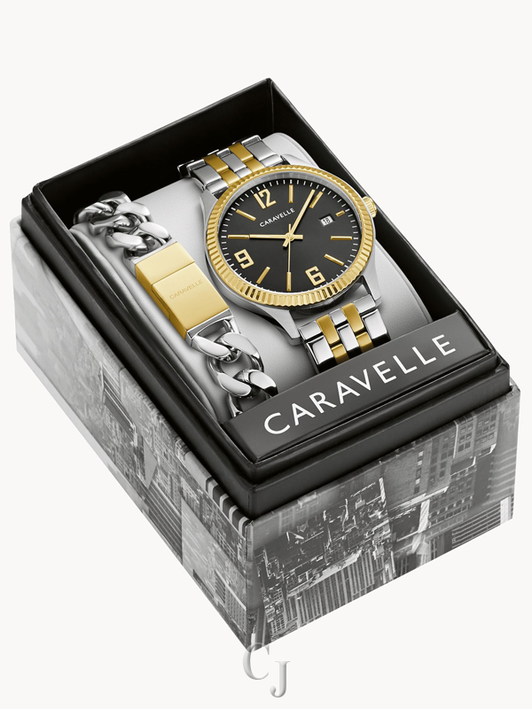 CARAVELLE BY BULOVA STAINLESS STEEL BLACK DIAL MEN’S WATCH BOX SET ...